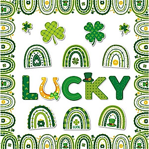 BeYumi 91Pcs Lucky Bulletin Board Decorations Set Green Shamrock Lucky Boho Rainbow Cutouts Scalloped Bulletin Board Trim Borders Classroom Homeschool Chalkboard Wall Decor Party Supplies