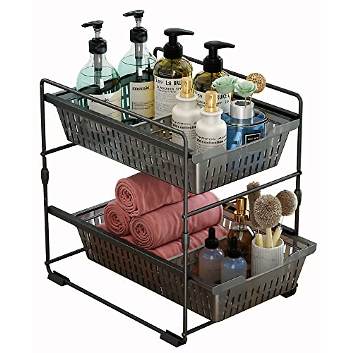 Under Sink Organizer,Bathroom Organizer Under Sink with Sliding Basket,Under Sink Cabinet Organizer Rack For Kitchen,Toilet,Sturdy,Anti-Rust Black