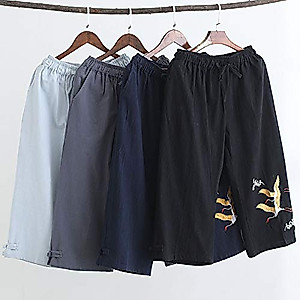 LZJN Men's Summer 3/4 Pants Cotton Linen Elastic Waistband Wide Leg Capri Shorts Bermuda Lounge Trousers with Embroidery (MF-138 Black, One Size)