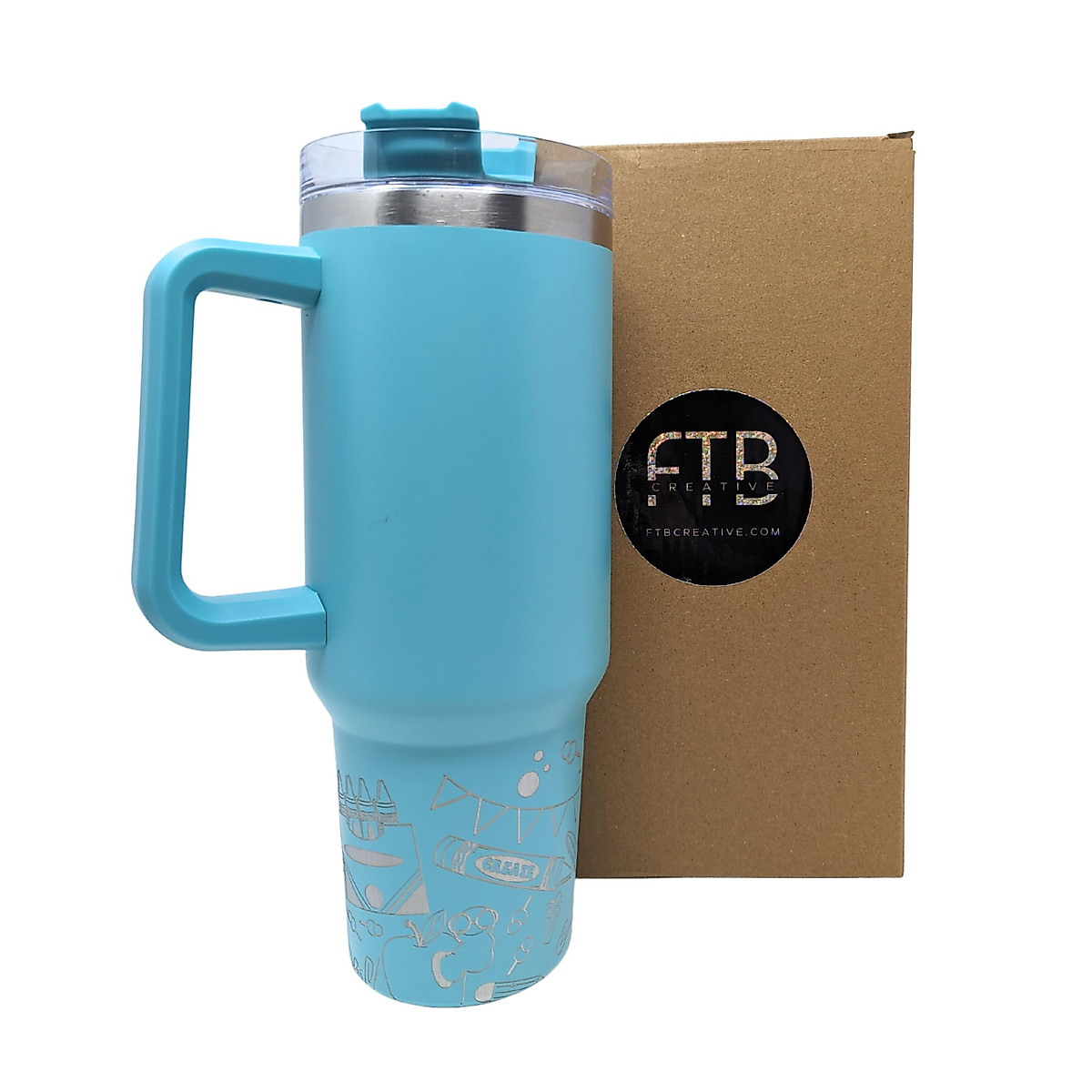 FTB Creative 40oz Custom Designed Tumbler, Double Wall Stainless Steel, with Lid and Straw (Aqua, Teacher)