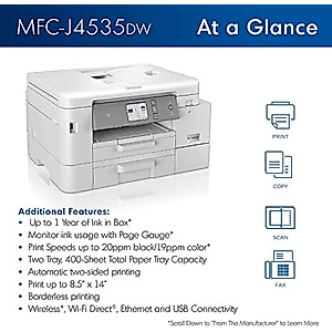 Brother INKvestment Tank MFC-J4535DW Wireless Color All-in-One Inkjet Printer - Print Copy Scan Fax - 20 ppm, 4800 x 1200 dpi, 8.5" x 14", Auto Duplex Printing, 20-Sheet ADF, Wulic Printer Cable