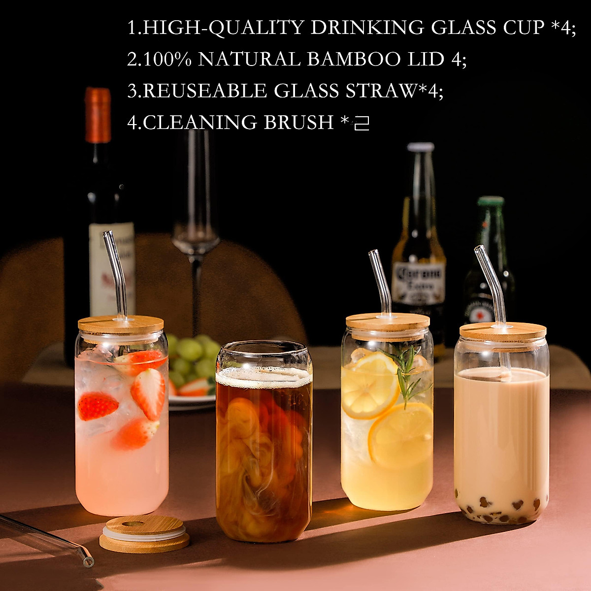 YMQAHWY 4Pcs Set Drinking Glasses with Bamboo Lids and Glass Straw, 16oz Can Shaped Glass Cups, Beer Glasses, Iced Coffee Cups, Glass Tumbler Include 2 Cleaning Brushes, Great for Cocktail,Gifts
