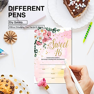Floral Gold Foil Sweet Sixteen Birthday Party Invitations with Envelopes Set of 20 Gold Glitter Pink Flowers Sweet 16 16th Birthday Party Invites