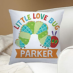 Eric Carle's Very Hungry Caterpillar Personalized Throw Pillow with Love Bug on White Removable Cover, Custom Name Printed, Official Licensed Product, 14x14