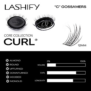 Lashify Curl 12mm Gossamer DIY Eyelash Extensions Refill, Black, Easy False Eyelashes for a Natural Look