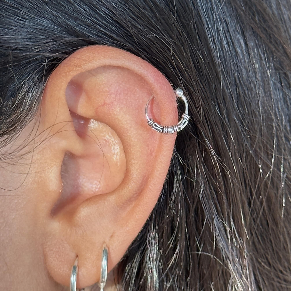 Handmade Silver 3Pcs Very Small 10MM Cartilgae Helix Piercing Hoop Earrings, 925 Sterling Silver, Thin 22Gauge Triplet Set of 3 Original Hoops for women, 1xBeaded 1xSpiral 1xBall, By Miya Jewelry