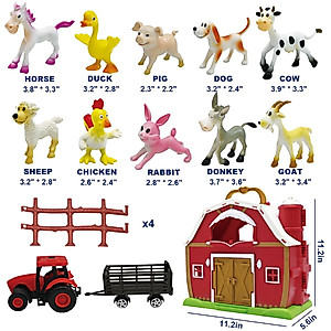 Big Red Barn Farm Figures Animals Toys for Toddlers, Cute Farm Figurines, Fence and Farmer Vehicle Toy Truck Pretend Farm Playset for 3+ Years Old Kids Girls Boys Educational Learning Toys