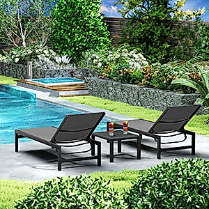 Kozyard Modern Full Flat Alumium Patio Reclinging Adustable Chaise Lounge with Sunbathing Textilence for All Weather, 5 Adjustable Position, Very Light, Anti-Rusty (2 Pack Gray w/Table)
