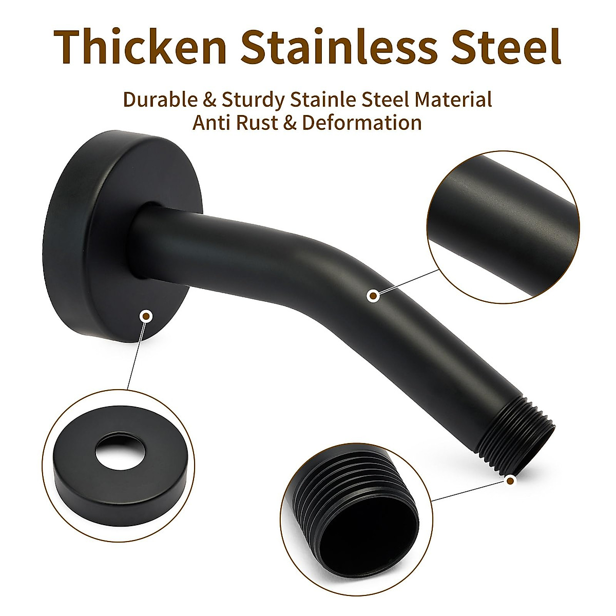 Shower Arm with Flange and Teflon Tape,304 Stainless Steel Shower Head Extension Pipe Arm for Wall-Mounted For Fixed Shower Head & Handheld Showerhead Never Rust(6 Inch,Matte Black)