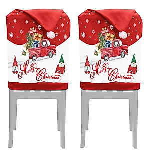 Christmas Chair Covers Set of 4, Christmas Chair Back Covers, Santa Hat Chair Covers, Christmas Decorations Indoor Chair Covers for Dining Room, Christmas Kitchen Decor Dining Room Chair Covers