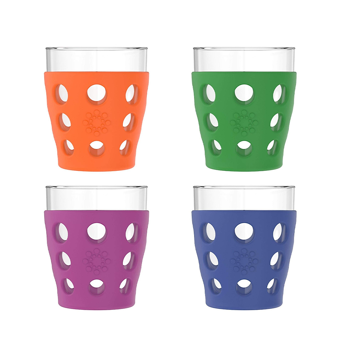 Lifefactory 10-Ounce BPA-Free Indoor/Outdoor Protective Silicone Sleeve Beverage Glass, 4 Count (Pack of 1), Orange, Grass Green, Cobalt, Huckleberry