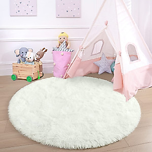 junovo Round Rug 4x4 Feet Fluffy Soft Area Rugs for Kids Girls Room Princess Castle Plush Shaggy Carpet Cute Circle Nursery Rug for Kids Girls Bedroom Baby Room Home Decor Circular Carpet, Creamy