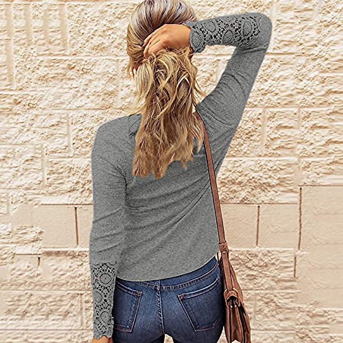 Womens Fall Tops,Long Sleeve Sexy Lace V-Neck Henley Shirts Casual Slim Fit Button Up Crochet Knit Pullover Blouses Gray