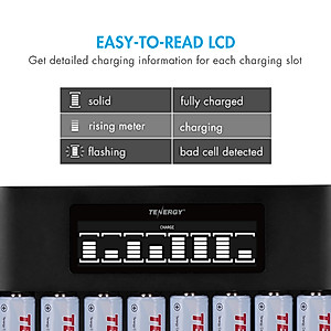 Tenergy TN480U 8-Bay LCD Display Fast Charger for NiMH/NiCD AA AAA Rechargeable Batteries with Mirco USB and USB Type C Input for AA and AAA Rechargeable Batteries