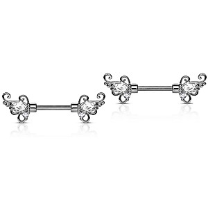 Forbidden Body Jewelry 14g 1/2 Inch (12mm) Surgical Steel Floral CZ Crystal Nipple Ring Barbell Set