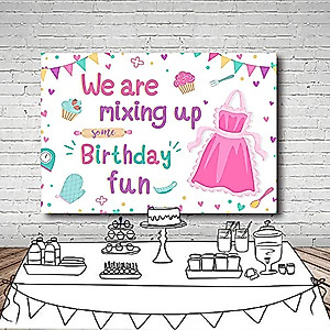 MEHOFOND 7x5ft Baking Cooking Girl Birthday Backdrop We are Mixing Up Some Birthday Fun Pink Cake Kitchen Party Table Banner Decor Photography Props Background Photocall Supplies
