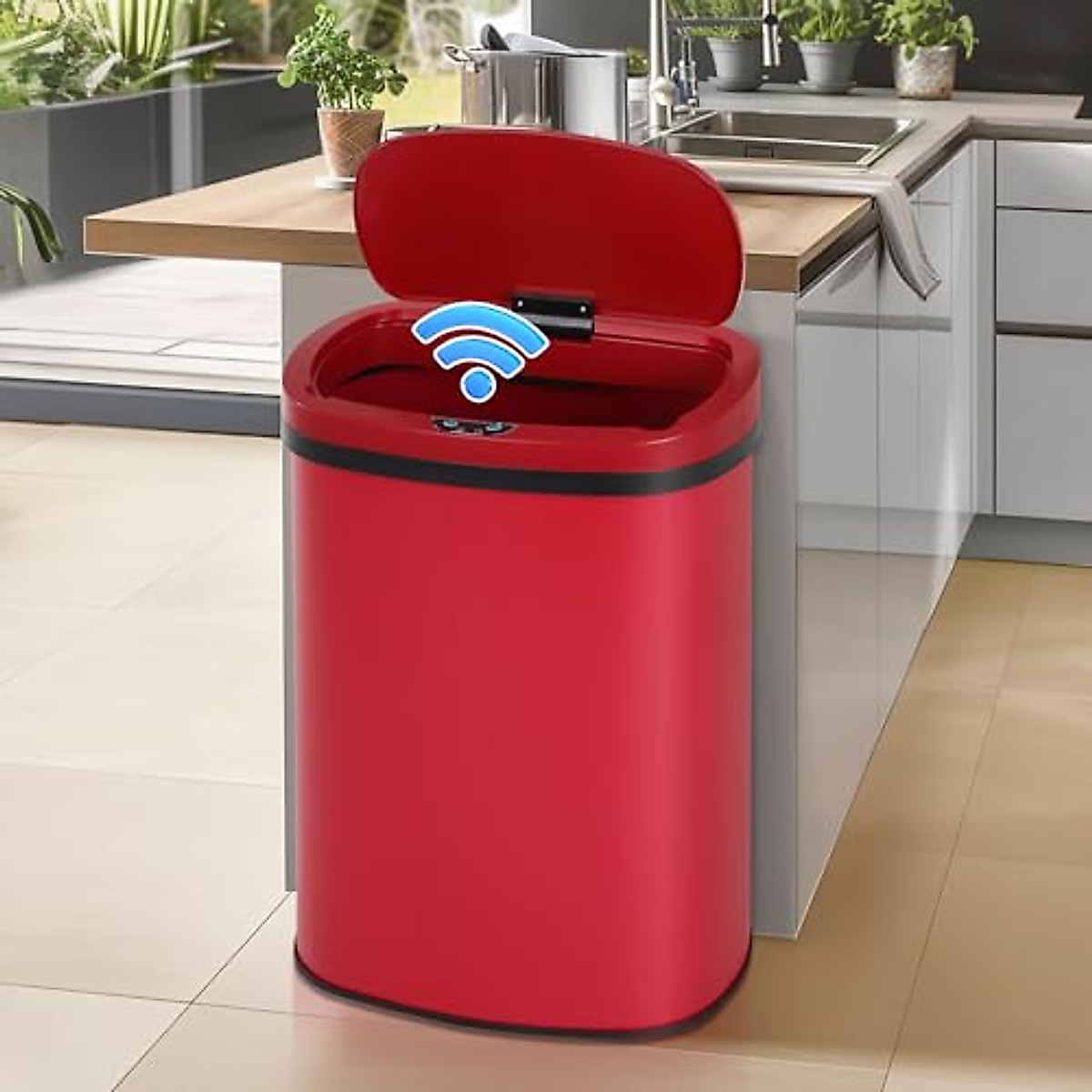 Dkeli Kitchen Trash Can for Bathroom Bedroom Home Office Automatic Touch Free High-Capacity Garbage Can with Lid Brushed Stainless Steel Waste Bin 13 Gallon / 50L - Red