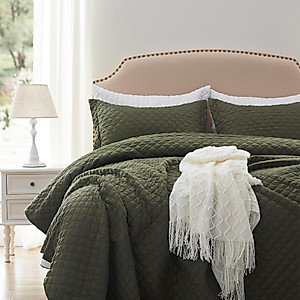 SunStyle Home Quilt Set King Olive Green Lightweight Bedspread Soft Reversible Coverlet for All Season 3pcs Army Green Diamond Quilted Bedding Sets (1 Quilt 2 Pillow Shams)(106"x96")