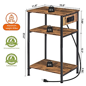 MOOACE Nightstand with Charging Station, 3 Tier End Table with Storage Shelf, Narrow Side Table with USB Ports & Outlets, for Small Space in Living Room, Bedroom and Balcony, Rustic Brown