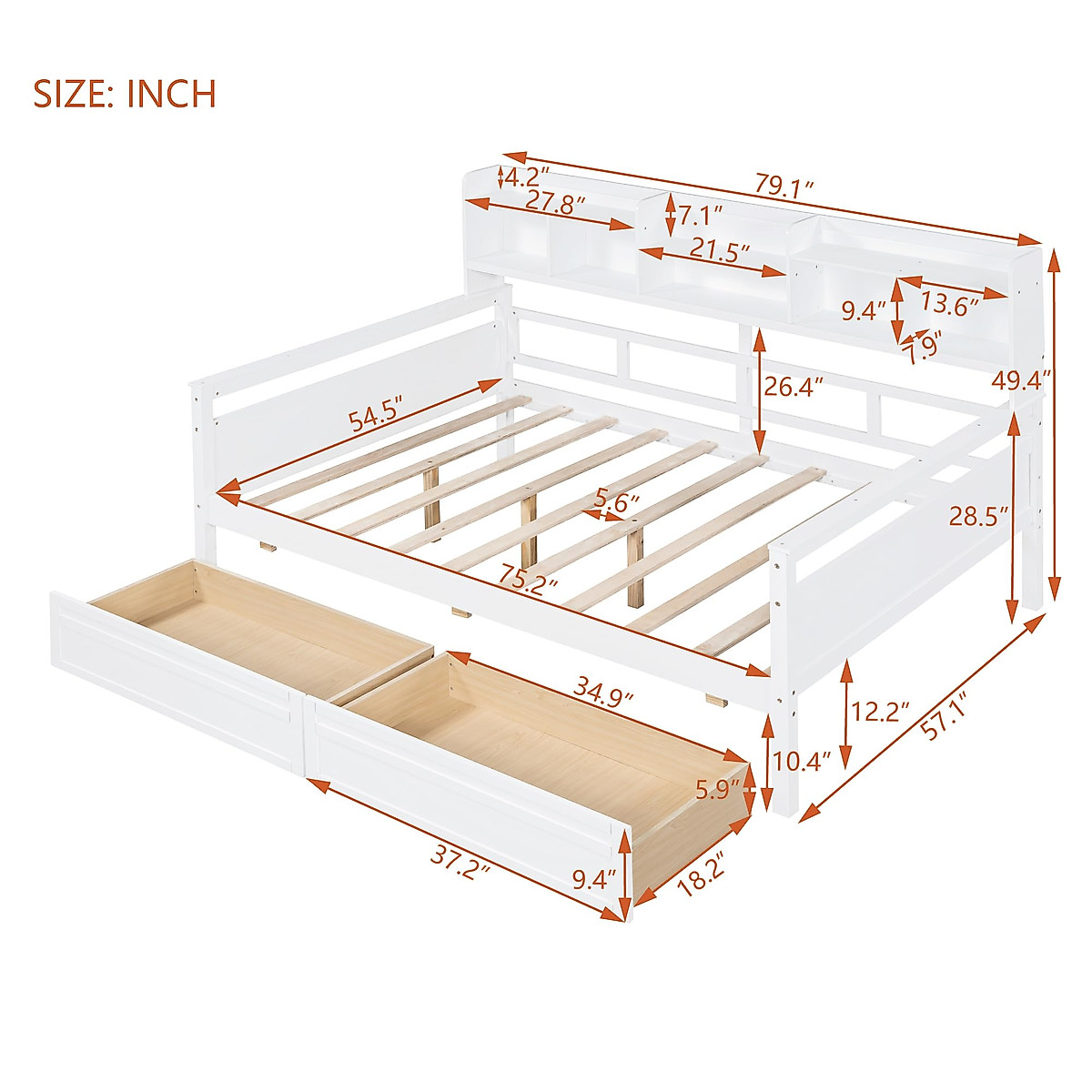 Harper & Bright Designs Full Daybed with Storage, Wooden Full Size Bed Frame with Bookcase Headboard and 2 Drawers, Full Sofa Bed with Shelves for Living Room Bedroom, No Box Spring Need, White