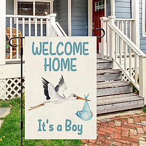 DLZDN Welcome Home Baby Boy Garden Flag Baby Shower Garden Flag 12×18 Inch Double Sided Burlap Flag Newborn Gender Reveal Lawn Yard Sign Stork Outdoor Decoration