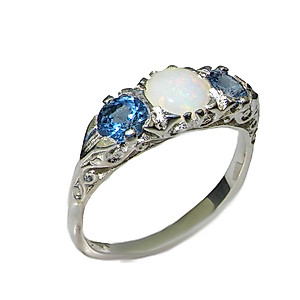 LetsBuyGold 925 Sterling Silver Natural Opal and Sapphire Womens Anniversary Ring - Size 7.25