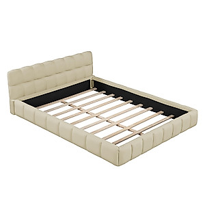 Merax Modern Queen Upholstered Bed Frame with Wingback, Linen Low Plattform Bed, No Box Spring Needed Beige