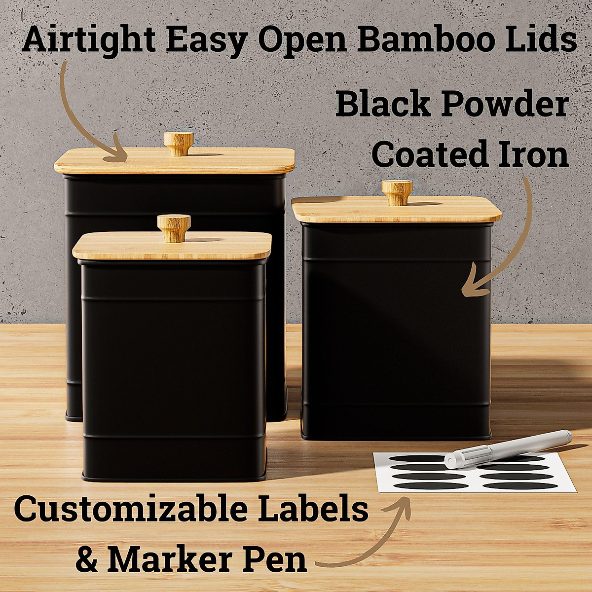 Kitchen Canisters for Countertop Set of 3 with Customizable Chalkboard Labels & Marker Pen - Big Iron Kitchen Canisters with Airtight Lids - Canisters Sets for the Kitchen - Black Kitchen Canister Set
