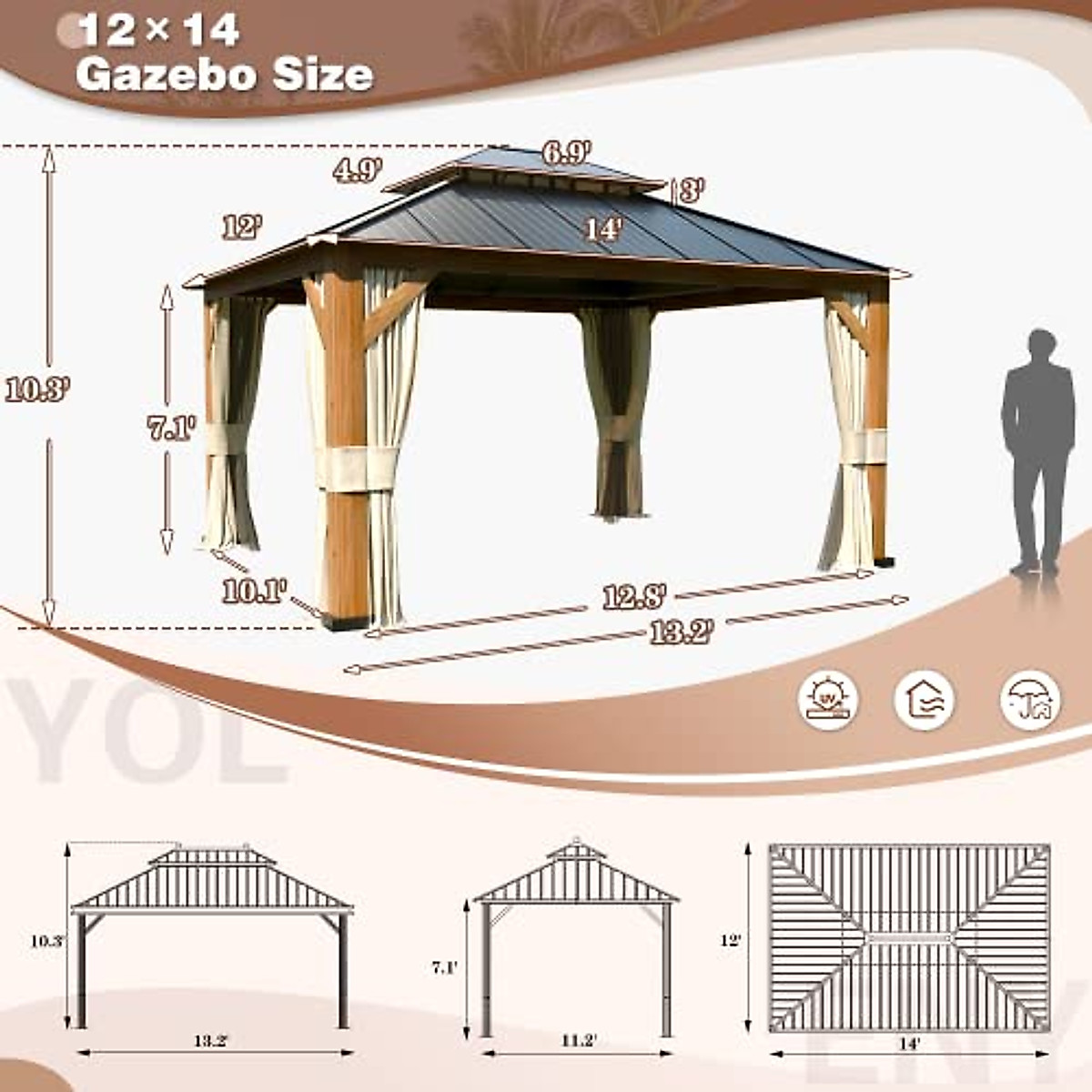 YOLENY 12' x 14' Ultra-Thick Columns and Beams Hardtop Gazebo, Metal Gazebo with Faux Wood Grain Aluminum Frame, Dual Material Double Roof, Outdoor Patio Gazebo Pergolas with Netting and Curtains