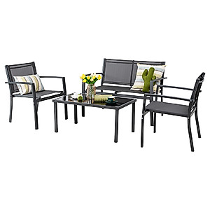 Meilocar 4 Pieces Patio Furniture, Textilene Metal Outdoor Furniture Set, Modern Conversation Set with Loveseat Tea Table, Small Outdoor Patio Chat Set for Backyard, Porch, Lawn and Balcony (Gray)