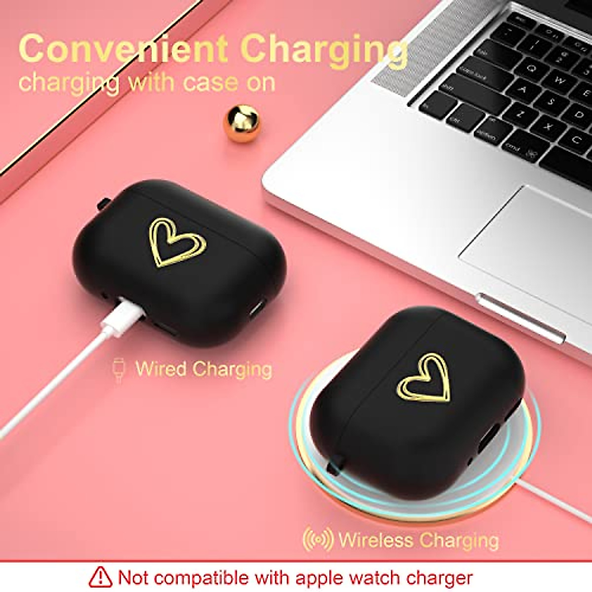 Aiiko AirPods Pro 2 Case, Apple Airpods Pro 2nd Generation Case with Gold Heart Cute Lucky Ball Keychain Compatible Airpods Pro 2nd Generation Soft TPU Airpods Pro 2 Case Cover for Girls Women(Black)