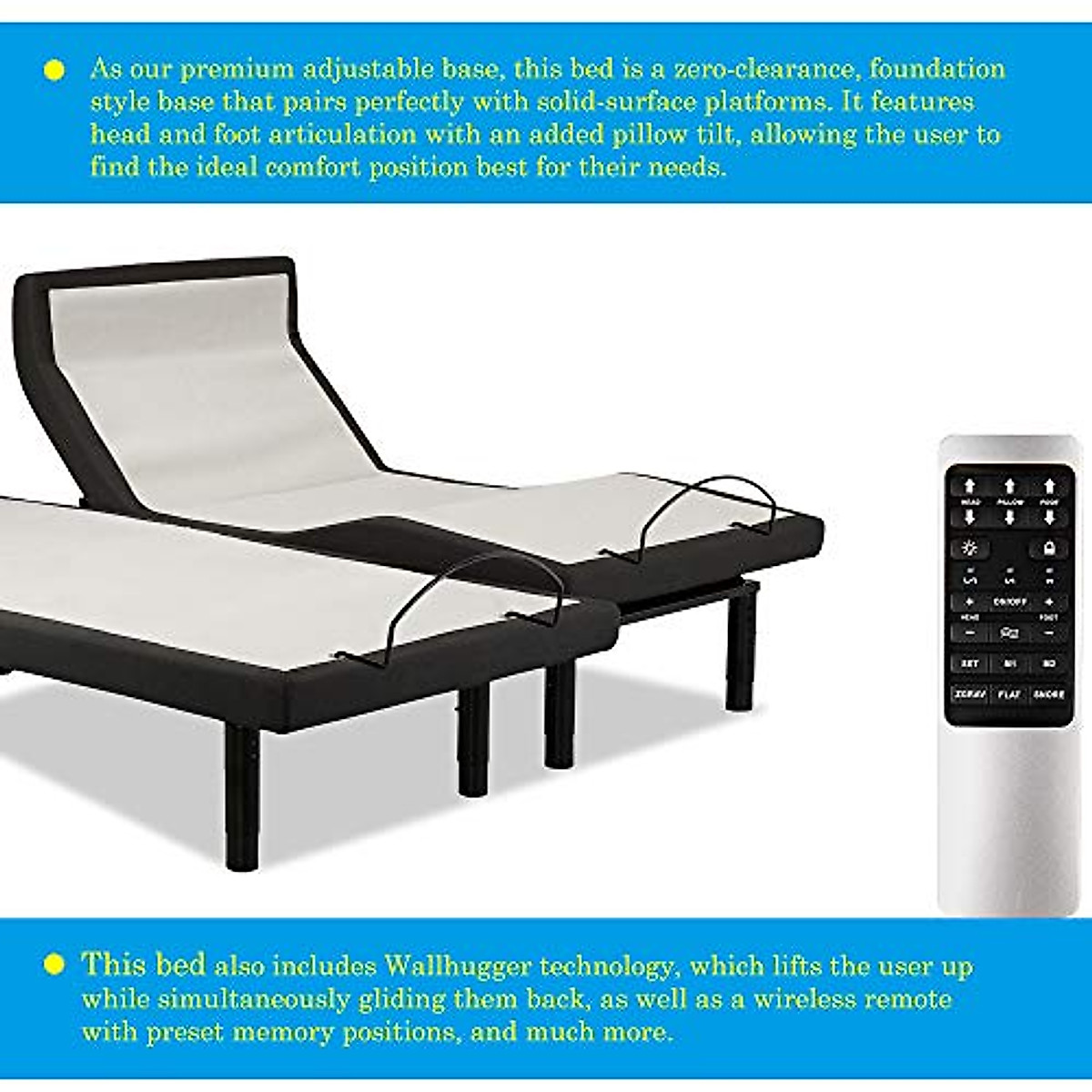 Nutan, 10-Inch Massaging Adjustable Bed Base with Wallhugger Technology, Zero Gravity, Head and Foot Incline, Pillow Tilt, USB Port, Wireless Remote, Split King, Grey