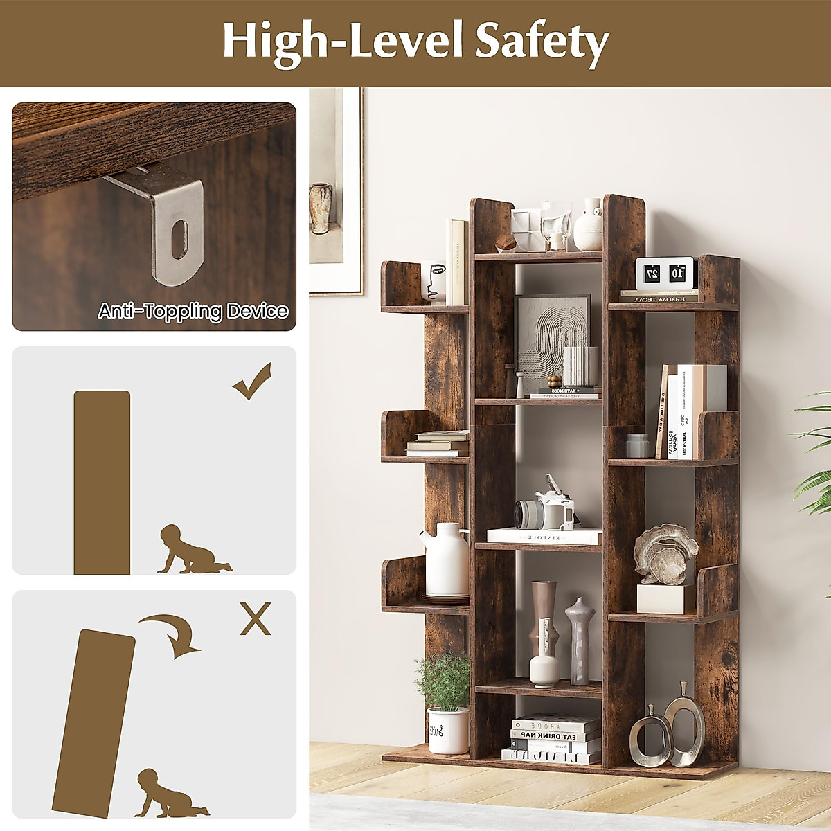 Tangkula Freestanding Tree Bookshelf, Corner Storage Organizer with 13 Open Shelves, Decorative Display Cube Shelf for Living Room, Study, Office, 34 x 9.5 x 55.5 Inch (1, Rustic Brown)