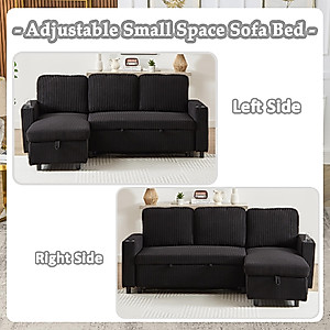 lunhung 78 inch L-Shaped Sofa,Convertible Combo Sofa Bed with Pull-Out Bed, Corduroy Reversible Sleeper Sectional Sofa with Side Pockets and Cup Holders,Furniture Set for Living Room (Corduroy-Black)