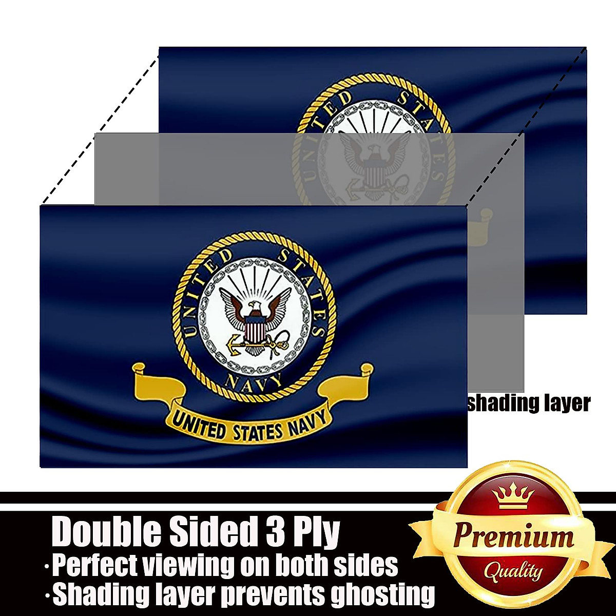 US Navy Emblem Flags 3x5 Outdoor Double Sided 3 Ply-United States Naval Military Flag Vivid Color Clear Pattern Reinforcement Sewing Durable Polyester with 2 Brass Grommets