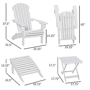 Outsunny 3-Piece Folding Adirondack Chair with Ottoman and Side Table, Outdoor Wooden Fire Pit Chairs w/High-Back, Wide Armrests for Patio, Backyard, Garden, Lawn Furniture, White
