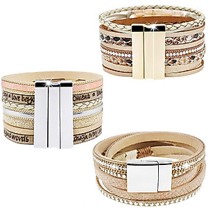 Wovanoo Leather Wrap Bracelet Set 3Pack Wrist Cuff Bracelet for Women Multilayer Magnetic Clasp Bracelet Feather Tree Bead Crystal Bracelet 3pack