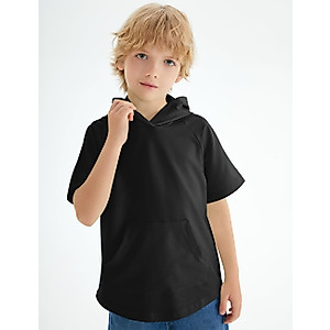 Spring&Gege Boys Light Weight Short Sleeve Hoodie Casual Solid Pullover Hooded T-shirt with Pocket, Black, 9-10 Years