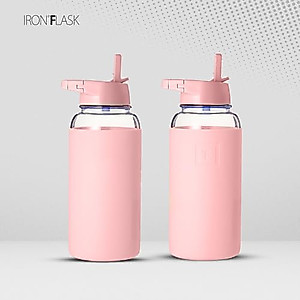 IRON °FLASK Glass Sports Water Bottle - Straw Lid, Airtight Leak Proof, Vacuum Insulated, Bosilicate Glass, Silicone Sleeve, Retains Temperature - Rose, 32 Oz