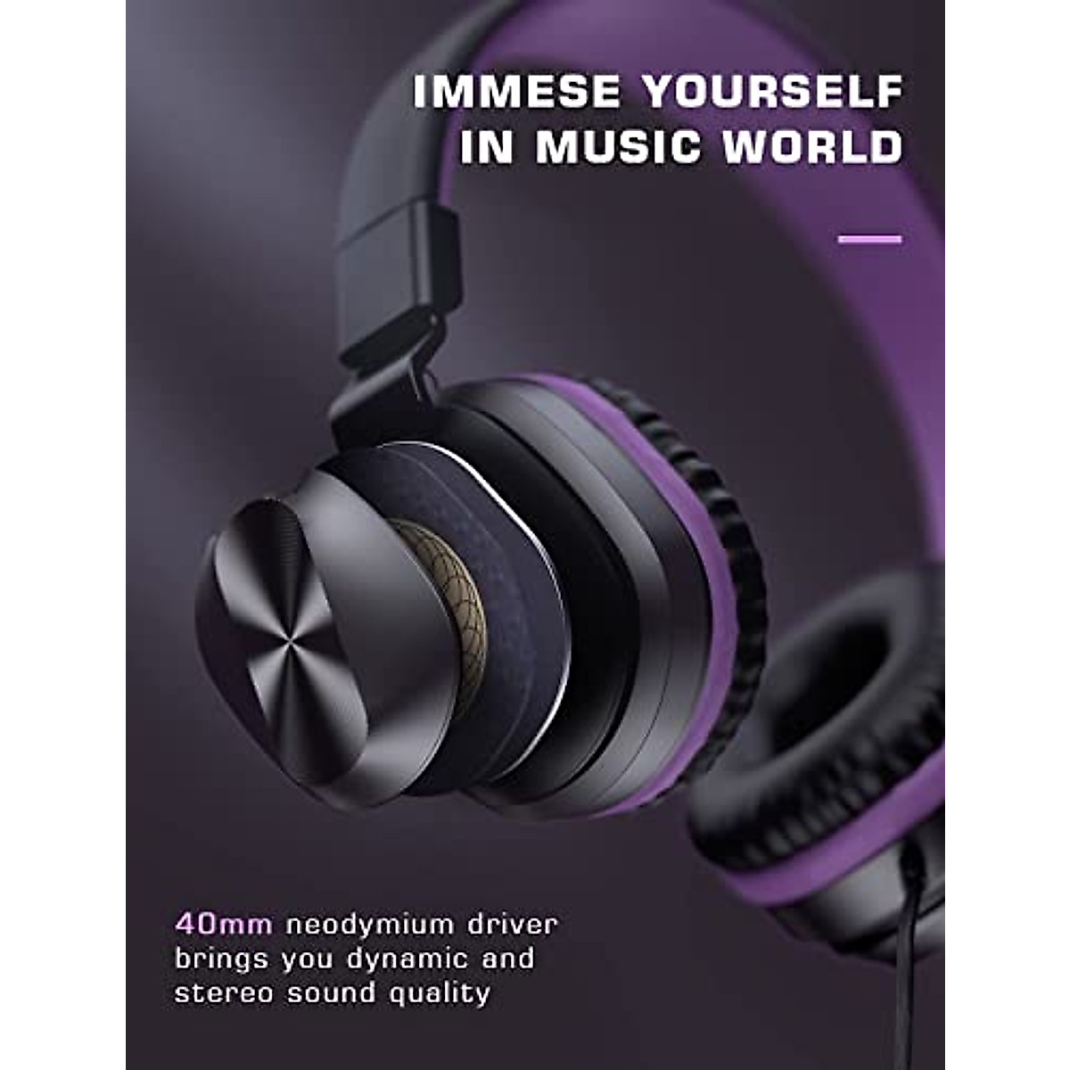 Headphones, On-Ear Wired Headphones with Microphone, Stereo Sound Headphones with 1.5m Tangle-Free Cord for Adults Children Purple
