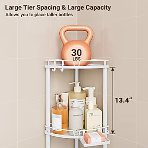 ELYKEN Corner Shower Caddy Standing, 3 Tier Rustproof Metal Shower Organizer with Soap Holder, Floor Shower Corner Shelf Rack Storage Stands with Adjustable Feet & 2 Hooks for Bathroom, White