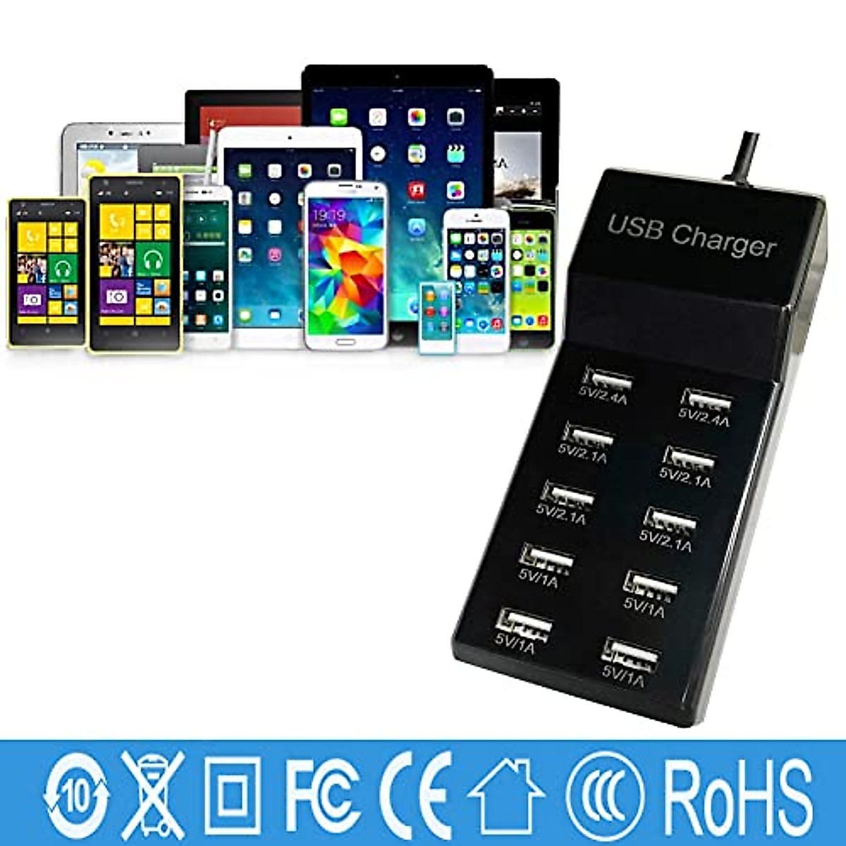 USB Charging Station10-Port USB Charger,Multiport USB Charger Station Hub, Compatible with iPhone, Galaxy, iPad Tablet, and Other USB Charging Devices1