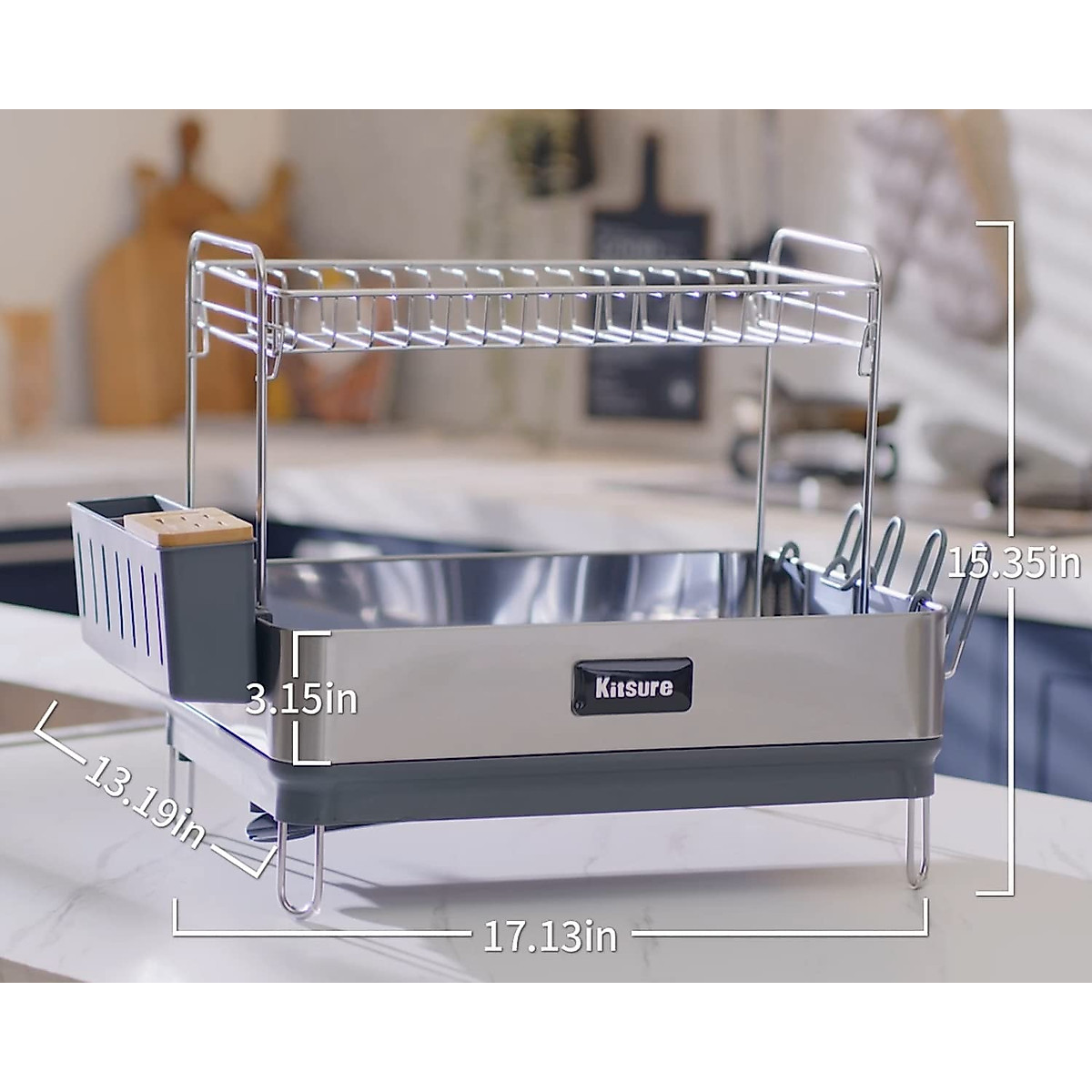 Kitsure Dish Rack, 2-Tier Dish Drying Rack with Large Capacity, Multifunctional Dish Drying Rack with Drainboard, Rustproof & Durable Dish Rack