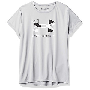 Under Armour Girls Tech Graphic Big Logo Short Sleeve T-shirt, Mod Gray Light Heather (011)/Black, Youth Large