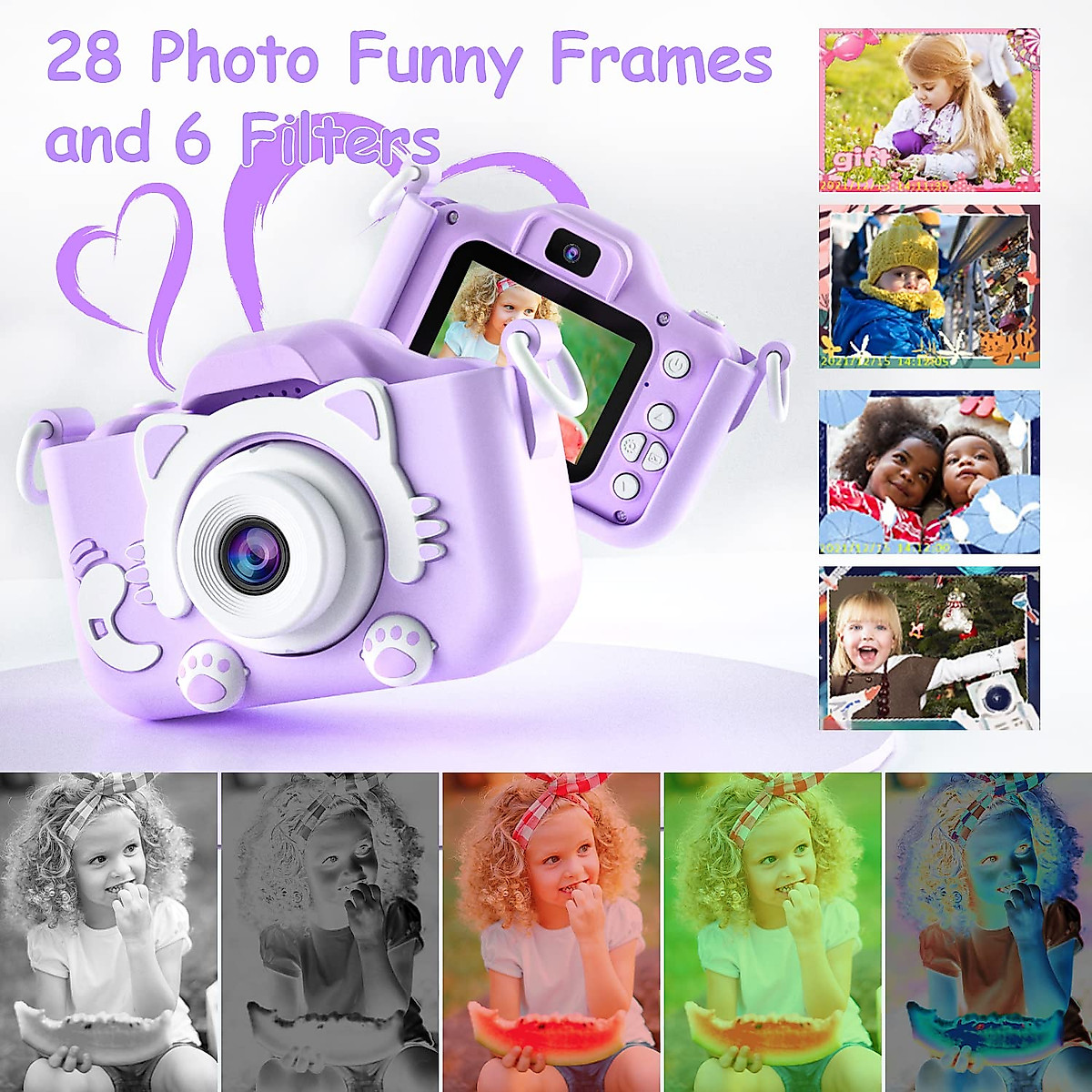 Kids Camera for Girls/Boys, 3-9 Year Old Toys for Girls/Boys, Christmas Birthday Gift for Age 6-9 Girls/Boys Kids Digital Dual Camera, Selfie Camera for Kids, 32GB Memory Card(Purple)