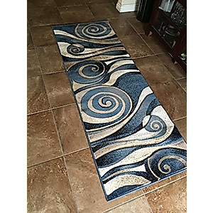 Nikos Modern Wide Runner Area Rug Blue Sculpture Design 258 (32in.X7ft.)