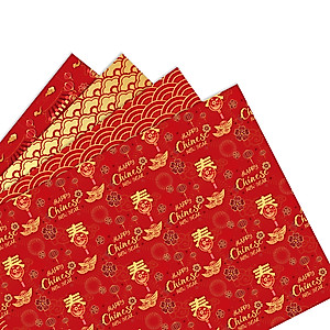New Year Wrapping Paper Set, 12 Sheets Chinese New Year Wrapping Paper 4 Style Red and Gold Gift Wrap New Year Birthday Party Decoration New Year Gift Wrap for Chinese New Year Decorations 20'' x 27''