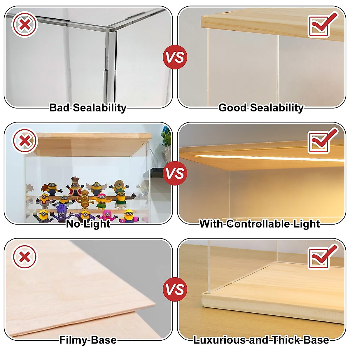 LANSCOERY Acrylic Display Case with LED Light, Clear 5 Tier Organization, Dustproof Wooden Display Box, Exclusive Showcase for Collectibles, Mini Figures and Funko Pop, 11.8x11x11.8inch