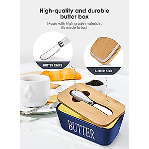 AISBUGUR Large Butter Dish with Lid Ceramics Butter Keeper Container with Knife and High- quality Silicone Sealing Butter Dishes with Covers Good Kitchen Gift Blue