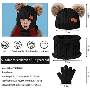 Kids Winter Beanie Hat Scarf Gloves Set, Toddlers Knit Winter Warm Double Pompom Cap Scarf Gloves for 1-5 Years Old (Black)